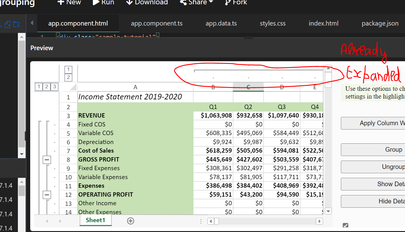 Column Grouping Not Working When Columnwidth Is Set To Zero Spreadjs Spreadjs Mescius Forums