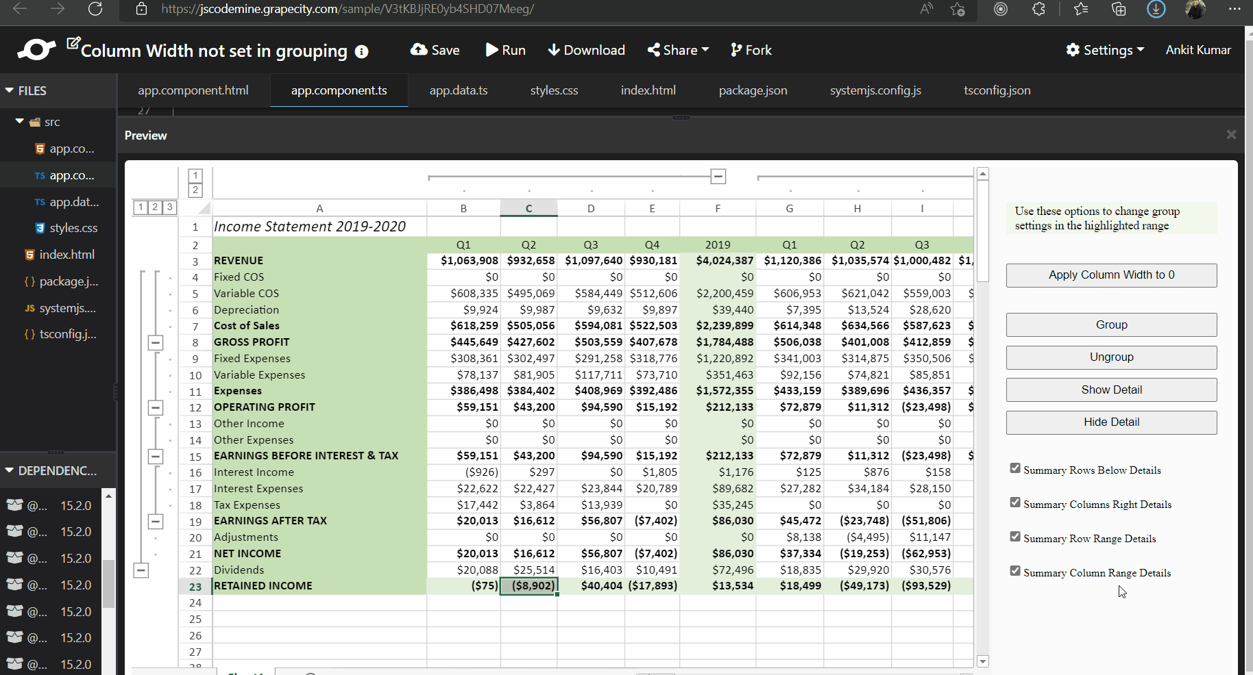 Column Grouping Not Working When Columnwidth Is Set To Zero Spreadjs Spreadjs Mescius Forums