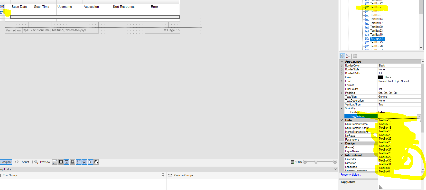 Subreport Toggleitem Textbox Failing To Work Activereports V7 Developer Mescius Forums